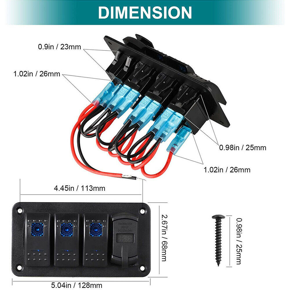 12V 24V 4 Gang Slimline LED Rocker Switch Panel with USB Charger Boat ...