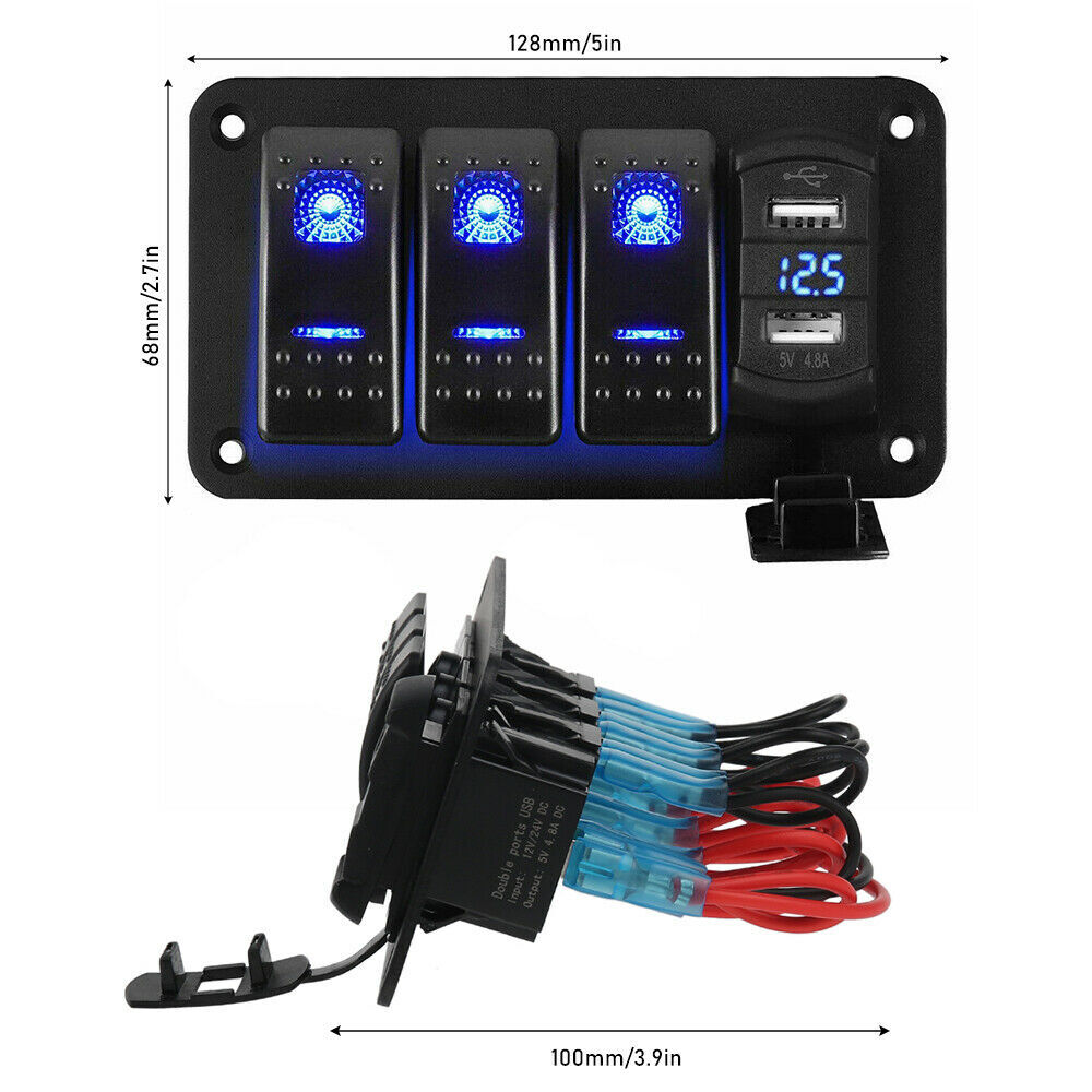 12V 24V 4 Gang Slimline LED Rocker Switch Panel with USB Charger Boat ...